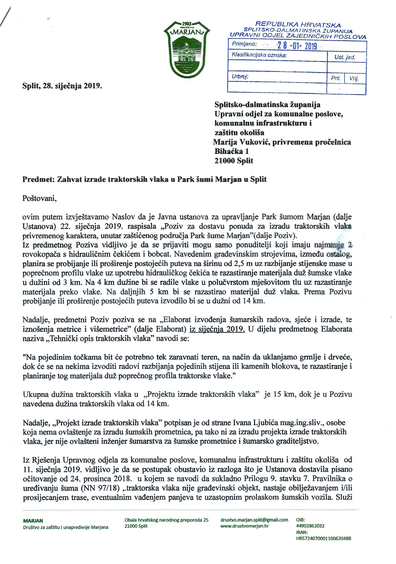 28.01.2019. Društvo Marjan uputilo podnesak županijskoj službi za ...